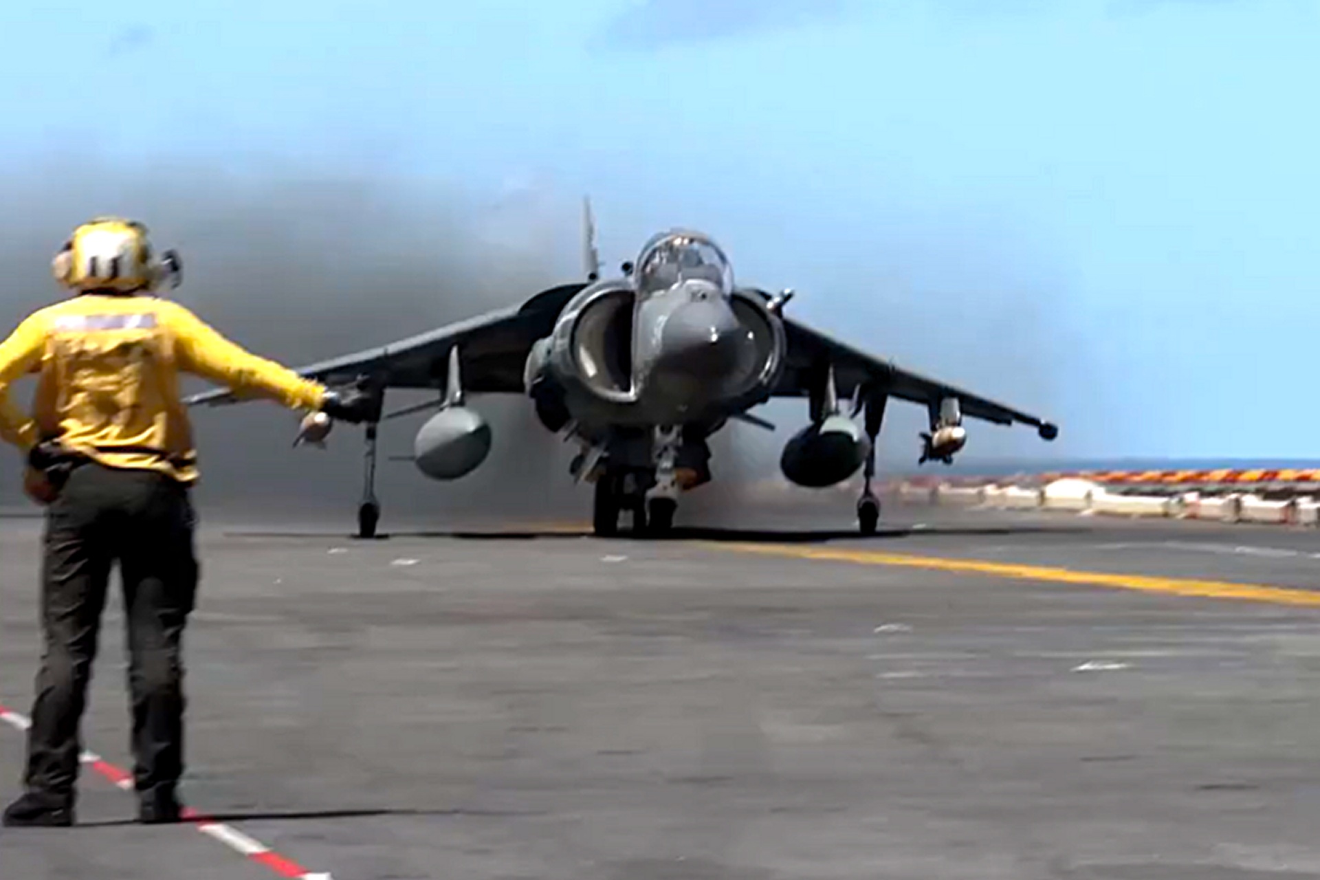 U.S. Marines AV‑8B Harriers Roar from USS Iwo Jima Amphibious Ship in Southern Spear Drill