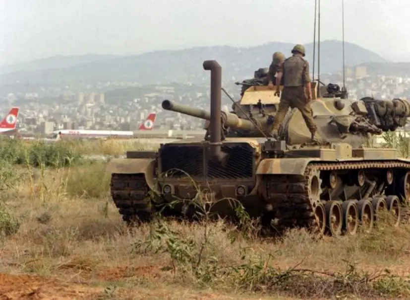 US Marine M60A1 tanks on the Beirut International Airport perimeter ...